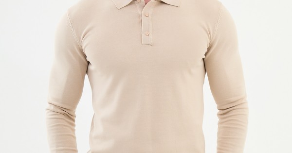 Beige Color Shirt Collar Design Classic Men's Knitwear