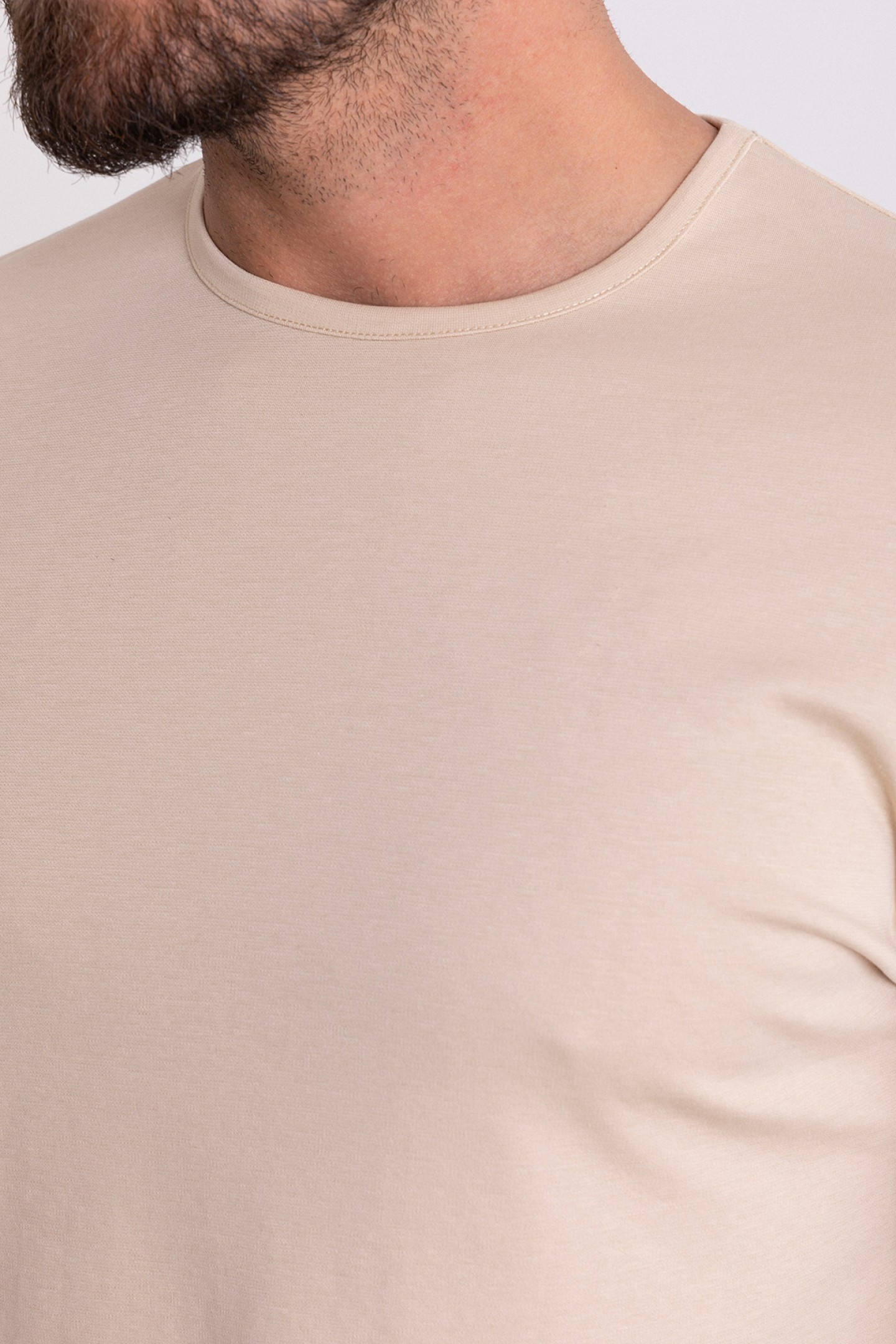 Beige Color Cotton And Elastane Fabric With Long Sleeved Crew Neck ...