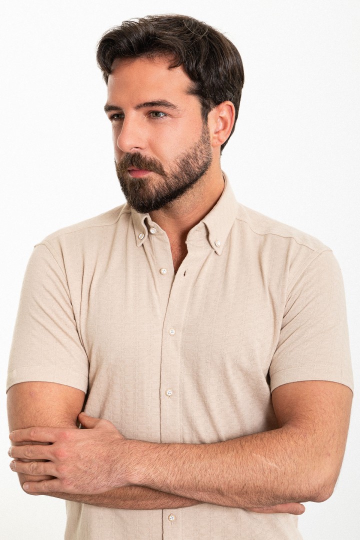 Beige Color Short Sleeve And Dobby Design Casual Cotton Men's Shirt