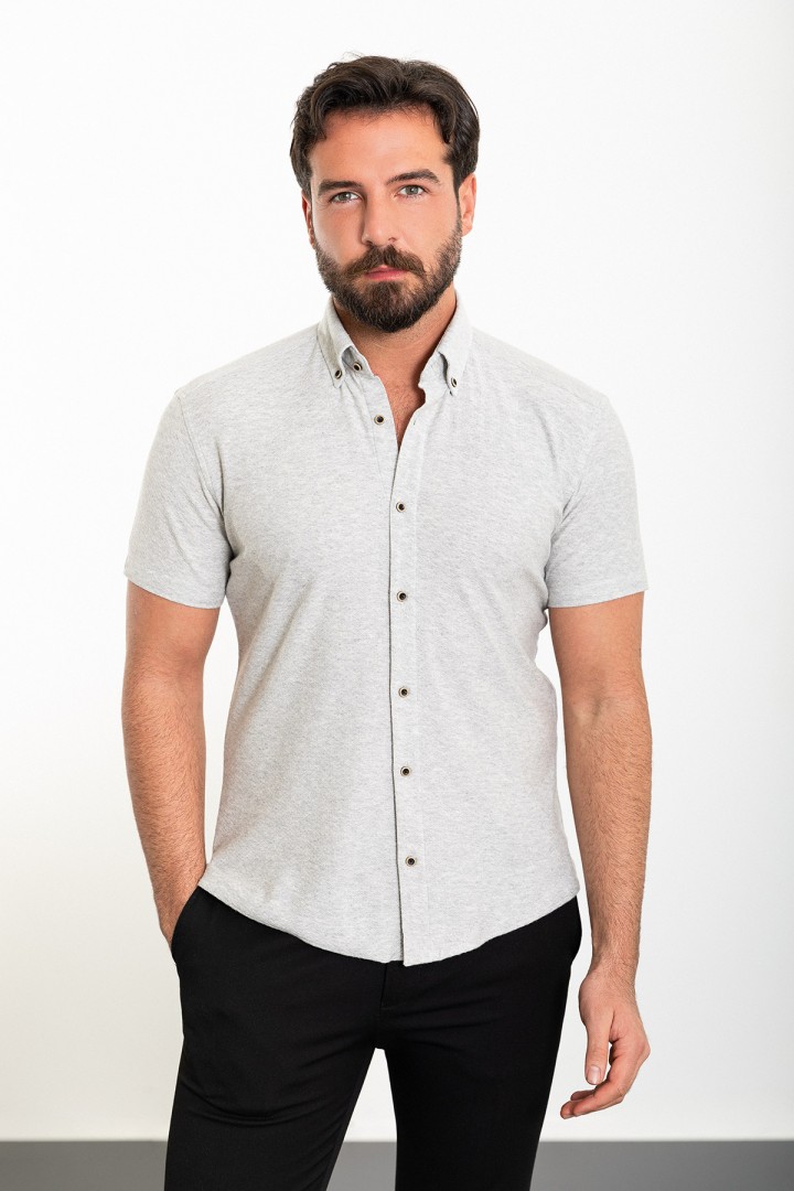 Grey Color Short Sleeve And Dobby Design Casual Cotton Men's Shirt