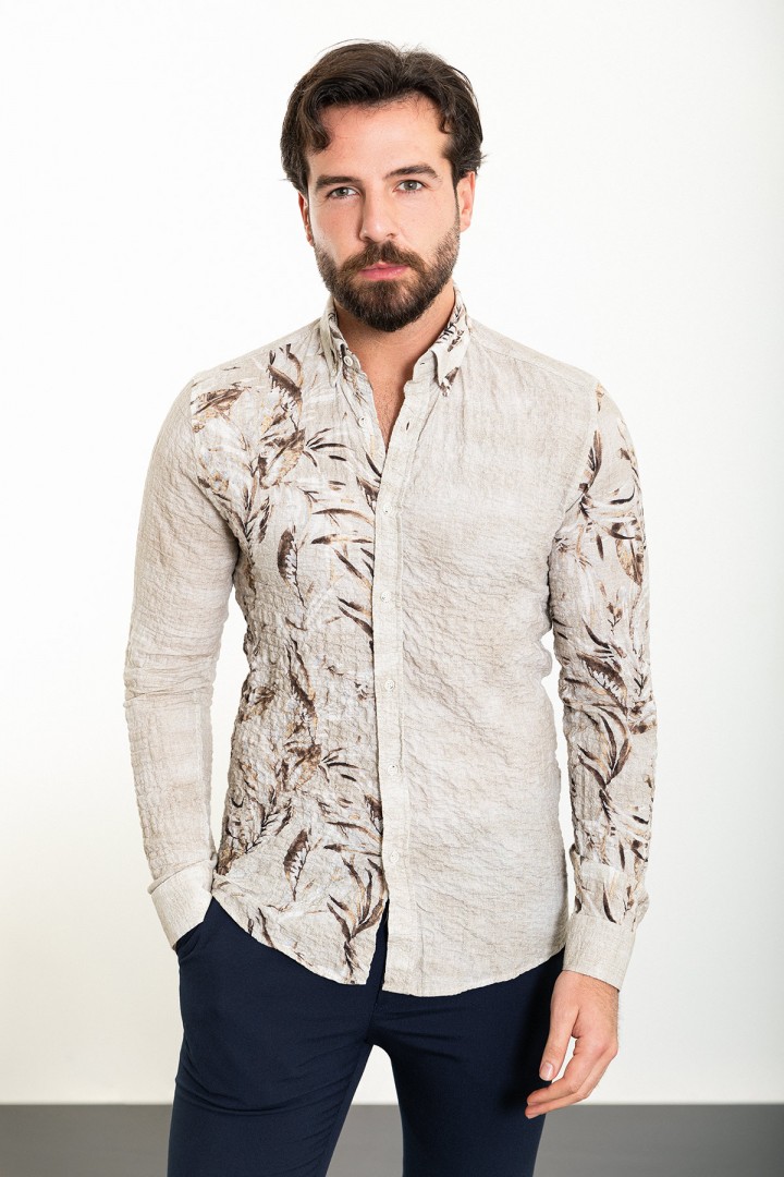 Beige Color Figured Design Casual Cotton Men's Shirt