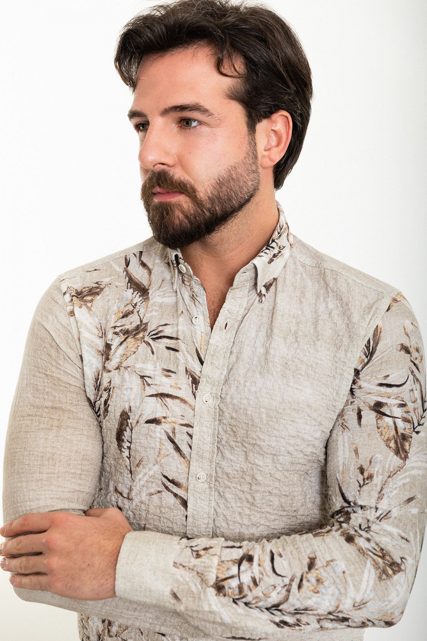Beige Color Figured Design Casual Cotton Men's Shirt