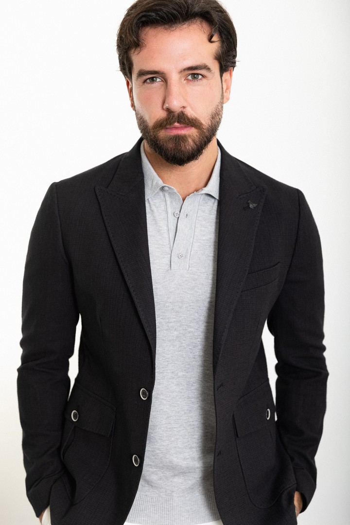 Black Color Flap Pocket Design Casual Men's Cotton Blazer