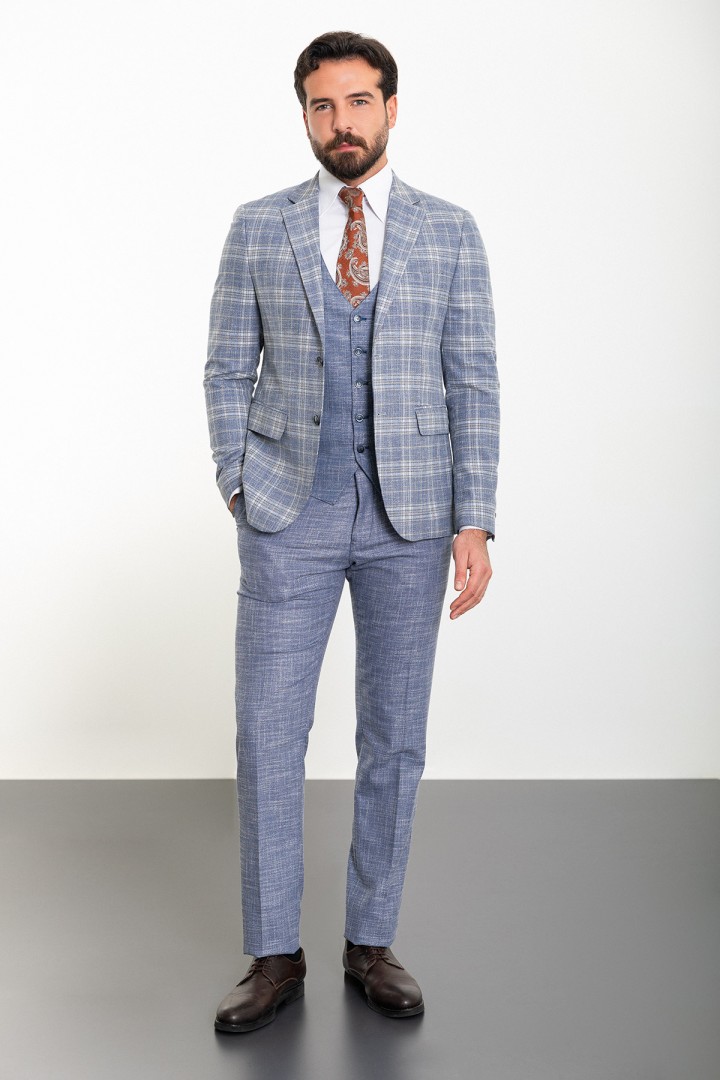 Dark Blue And Beige Color Check Patterned Design Casual Linen Men's Suit