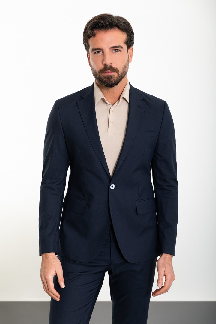 Dark Blue Color Flap Pocket Design Casual Cotton Men's Suit