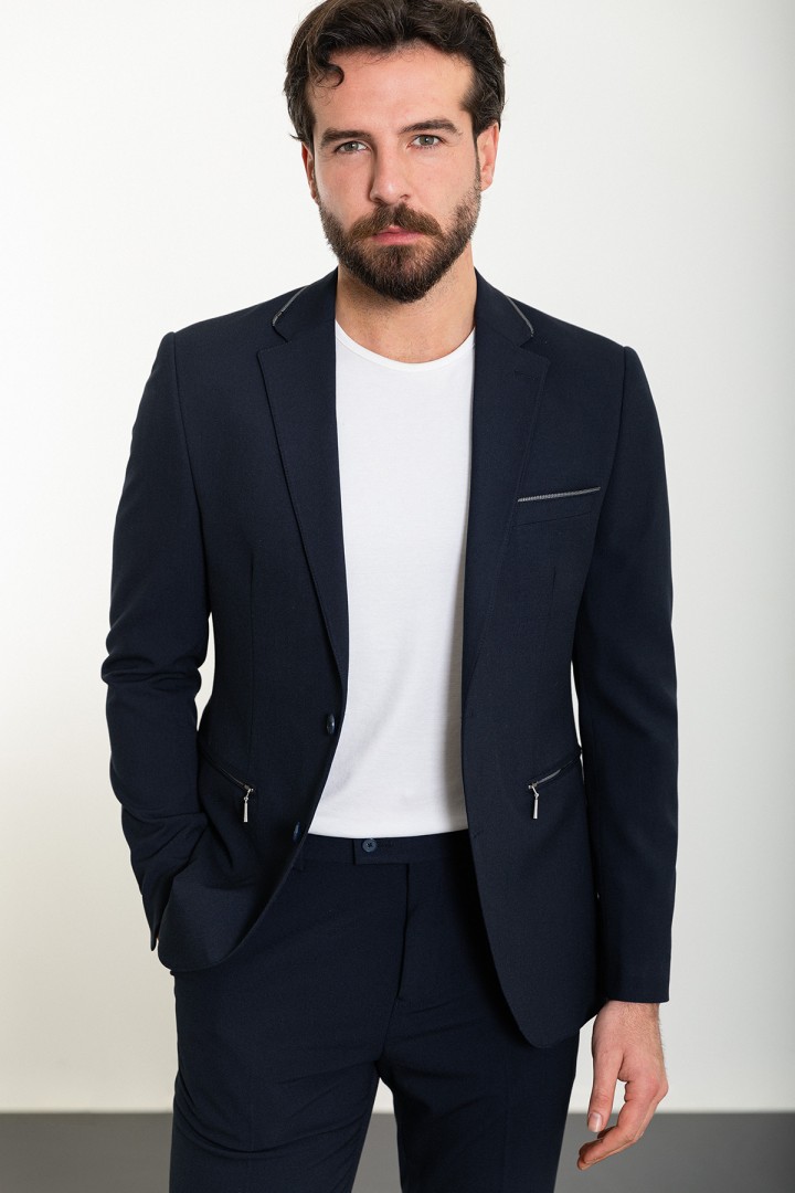 Dark Blue Color Zippered Design Casual Men's Suit